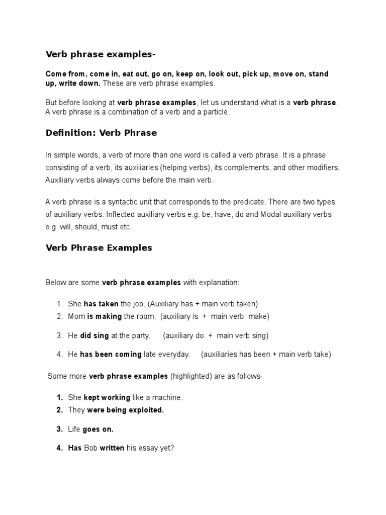 Verb Phrase Examples | PDF | Verb | Phrase