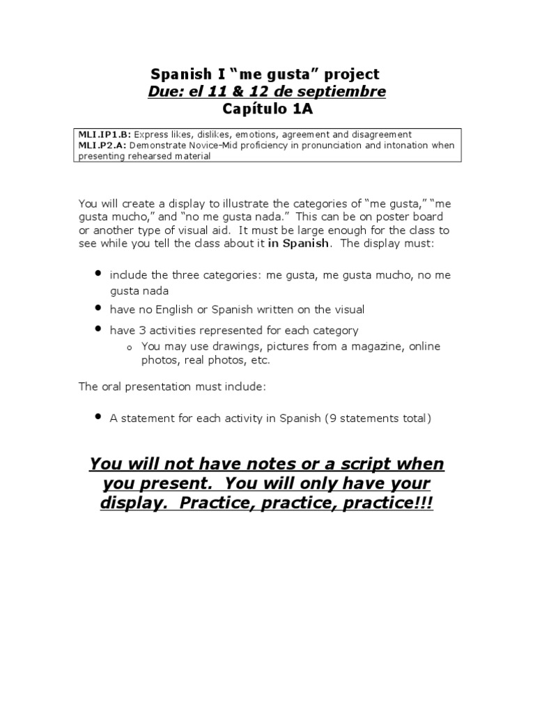 Spanish I "Me Gusta" Project Guide | PDF | Language Arts & Discipline ...