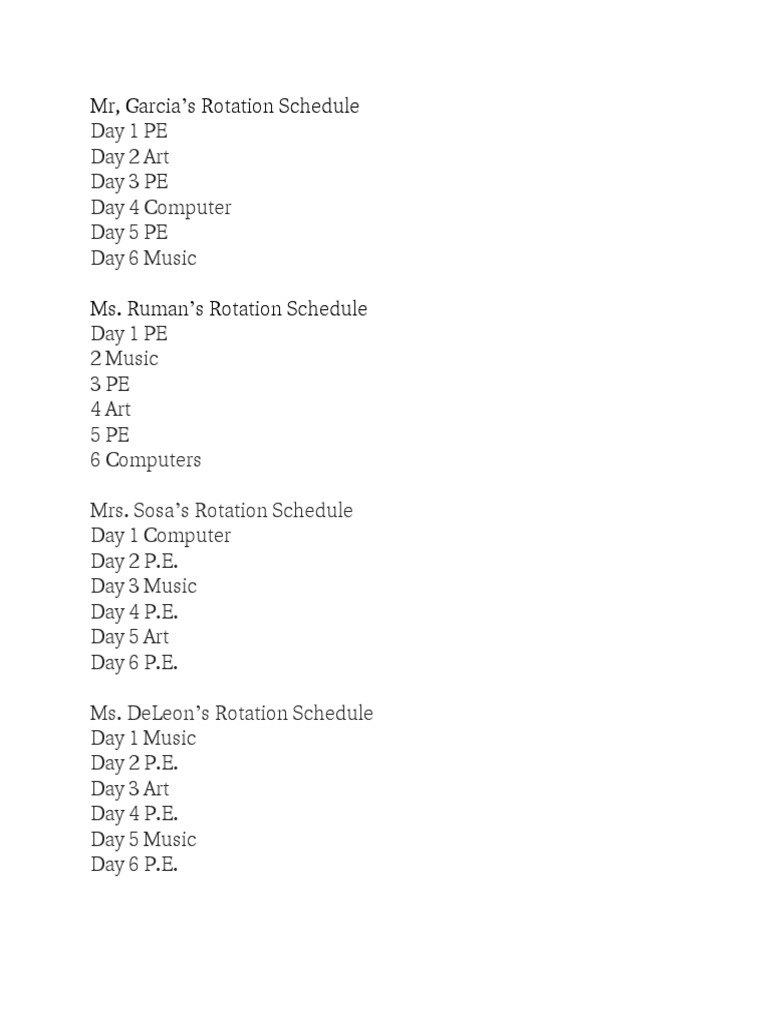 Weekly Rotation Schedules for Classes | PDF | Art