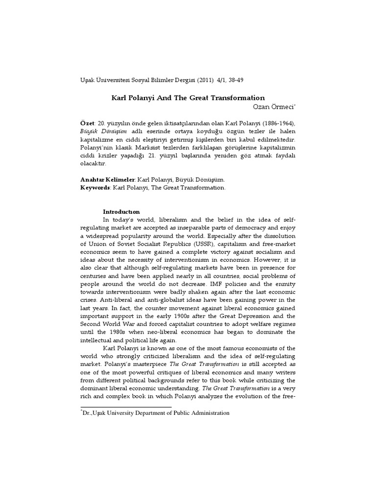 Karl Polanyi and The Great Transformation | PDF | Mercantilism | Liberalism