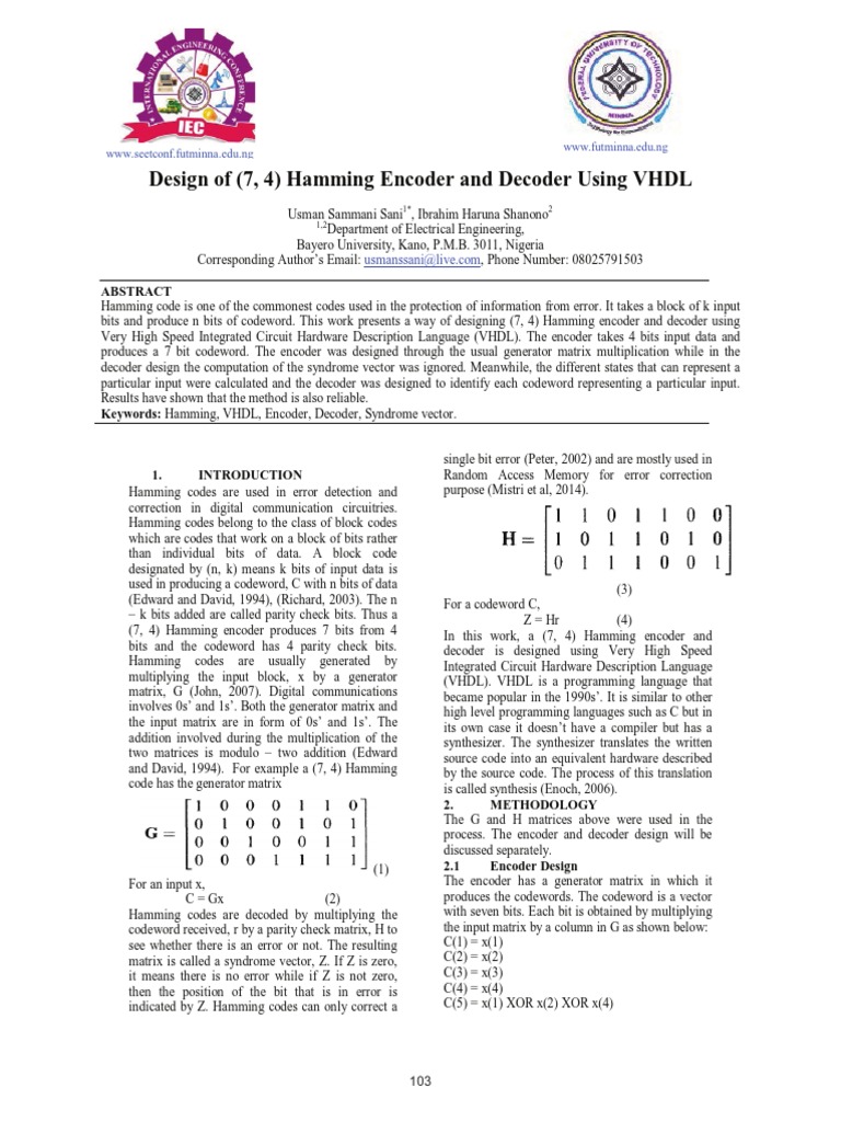 Design Of 7 4 Hamming Encoder And Decoder Using Vhdl Pdf Matrix 7998