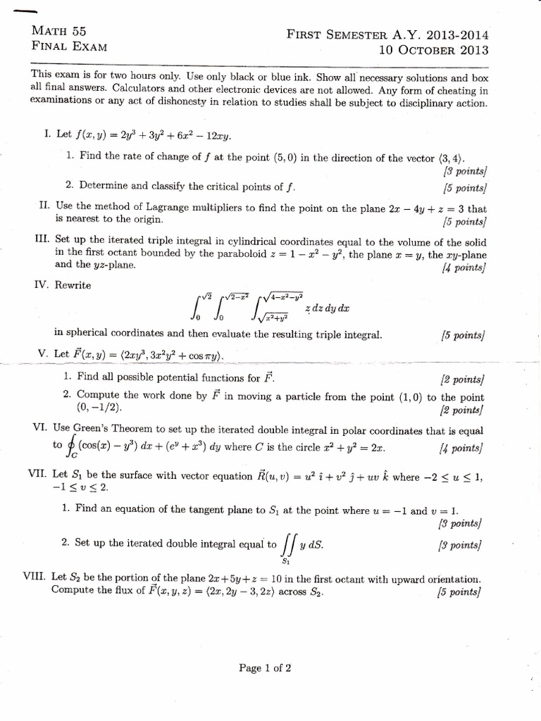 Math 55 Finals Samplex (UP DILIMAN) | PDF | Power Series | Integral