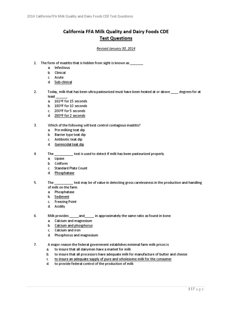 2014 CA Dairy Foods Test Questions | PDF | Dairy | Milk
