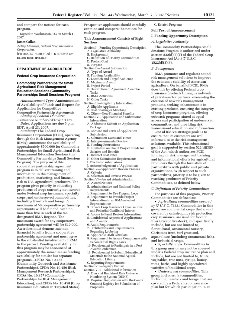 Notice: Grants and Cooperative Agreements Availability, Etc.: Commodity Partnerships Small ...