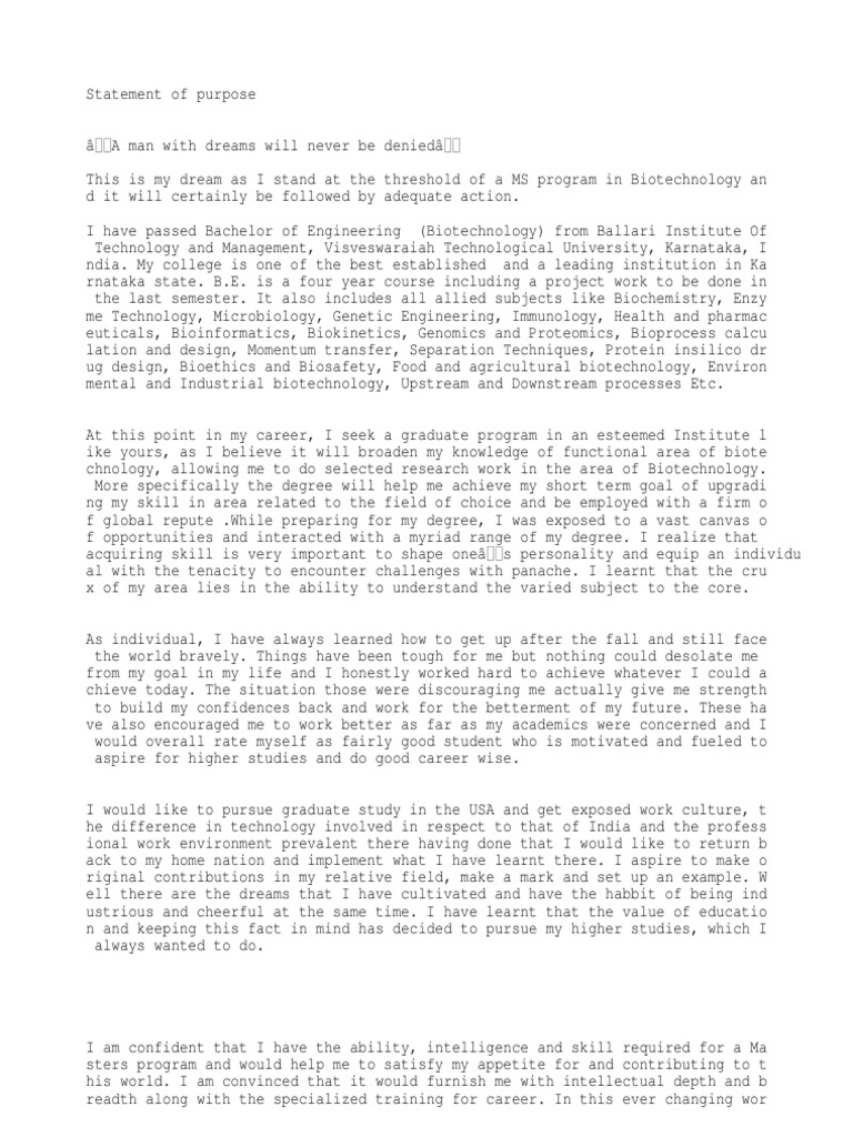 Statement of Purpose Â A Man With | PDF | Biotechnology | Science And ...
