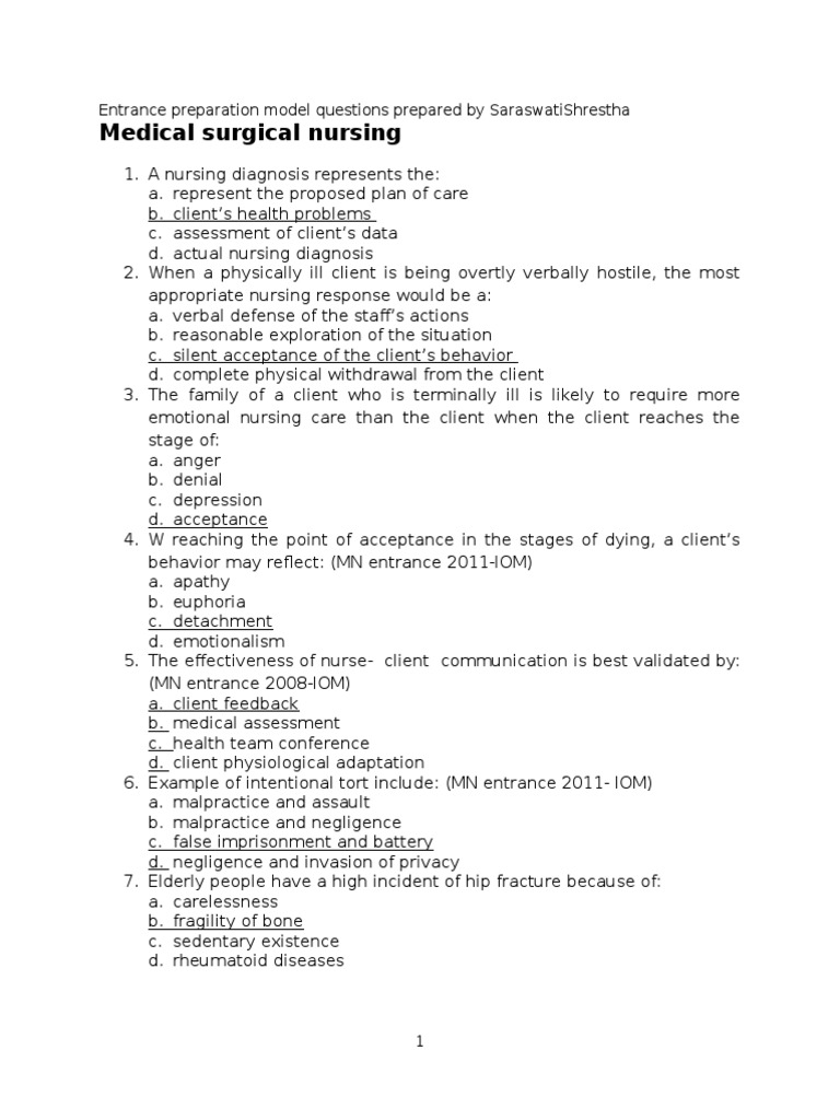 Medical Surgical Nursing Practice Questions: An Assessment of Client ...