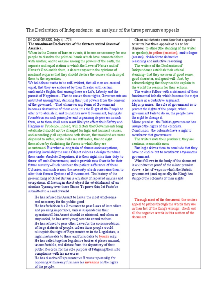 The Declaration of Independence Rhetorical and Ethos Pathos Logos | PDF ...