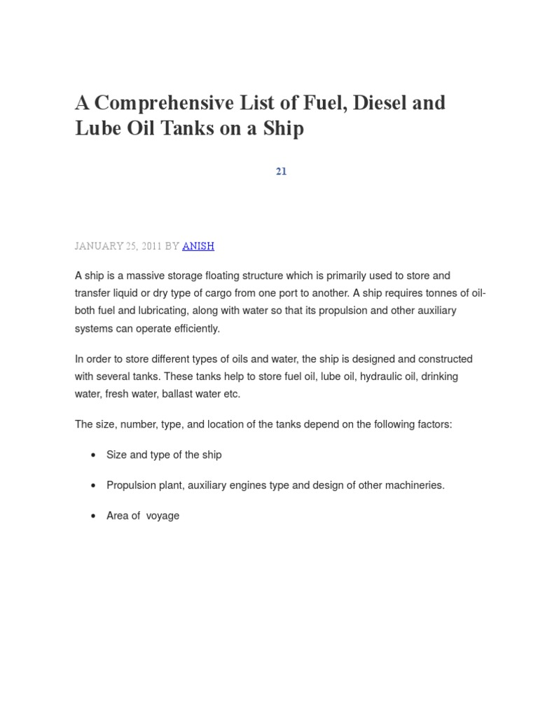 Fuel and Diesel Tanks on Ships | PDF | Diesel Engine | Chemical Substances
