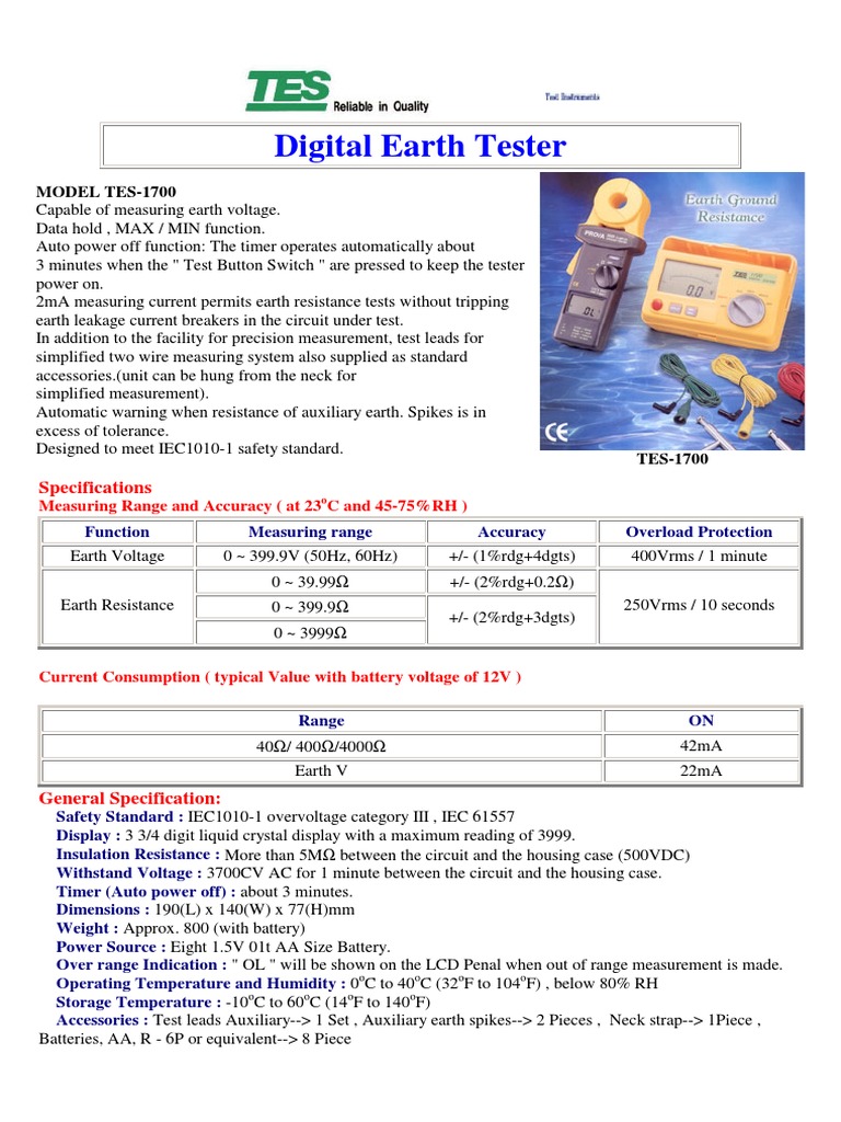 TES-1700 Digital Earth Tester Overview | PDF