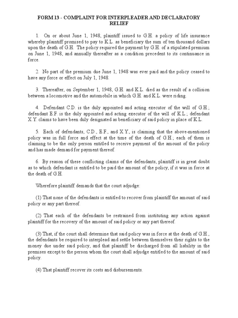 Form 13 - Complaint For Interpleader and Declaratory Relief | PDF | Insurance | Life Insurance