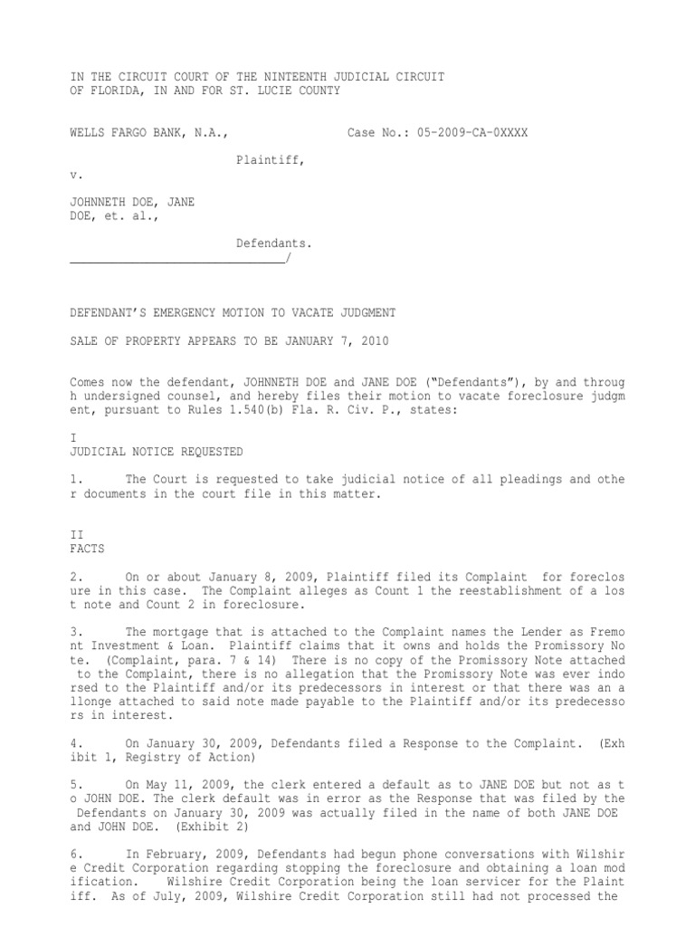 Emergency Motion To Vacate Judgment | PDF | Foreclosure | Summary Judgment