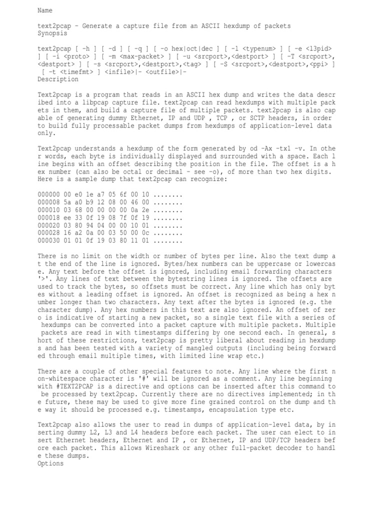 Text2pcap Man Instruct | PDF | Network Packet | Internet Protocols