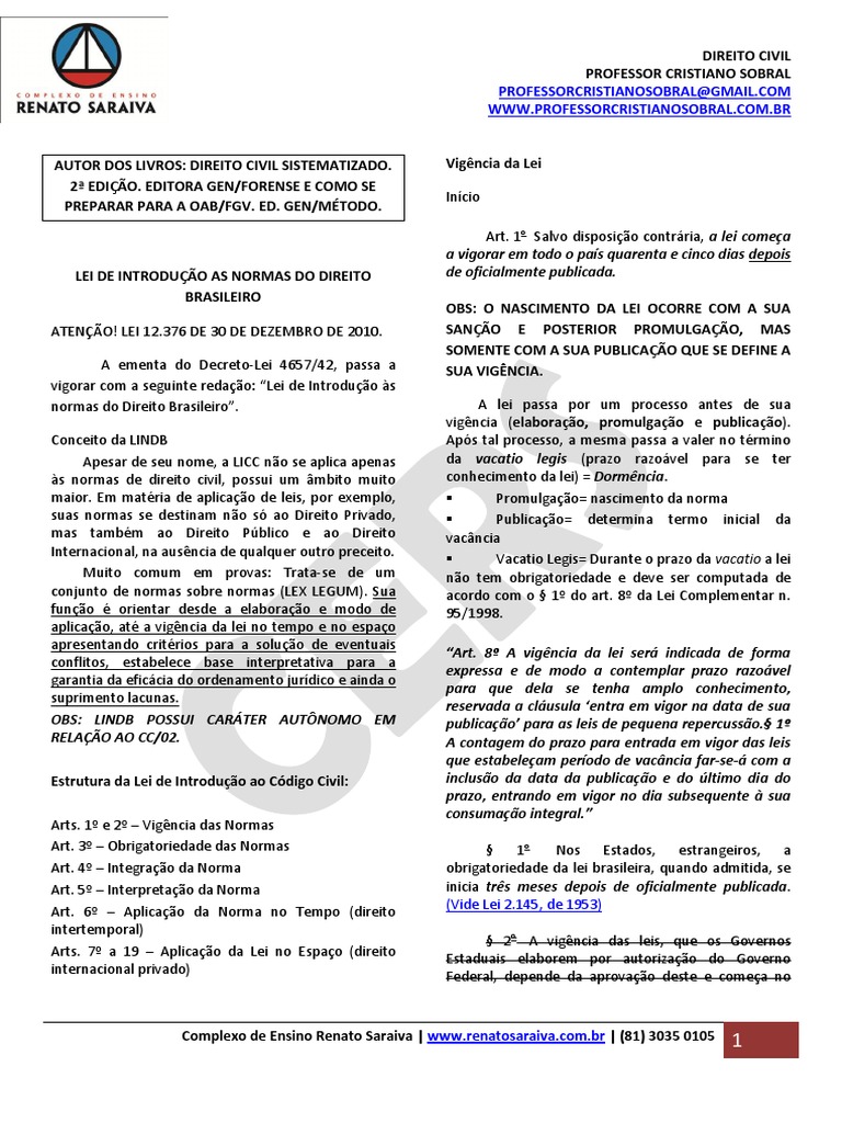 Resumo Da LINDB PDF | Download grátis PDF | Analogia | Direito Privado