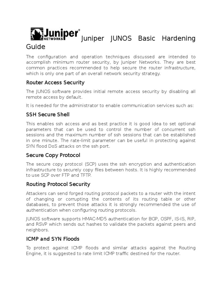 Juniper JUNOS Basic Hardening Guide | PDF | Secure Shell | Transmission ...