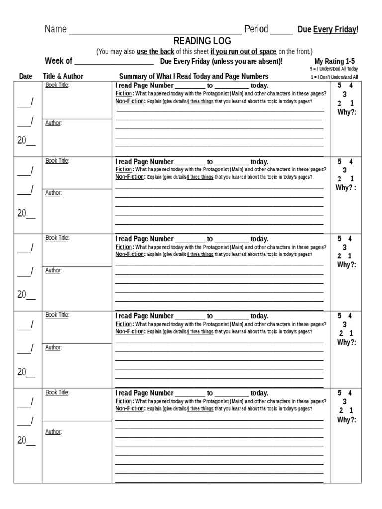 Reading Book Log For 20 Minute Requirement - Updated 9-2014 | PDF