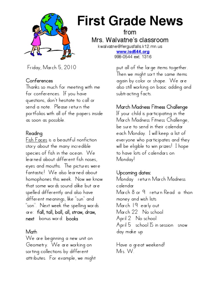First Grade News | PDF | Language Arts & Discipline