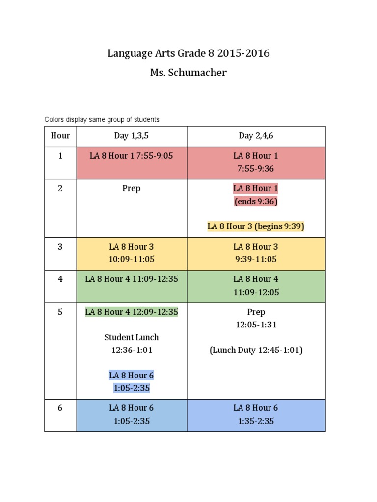 Grade 8 Language Arts Schedule 2015-2016 | PDF