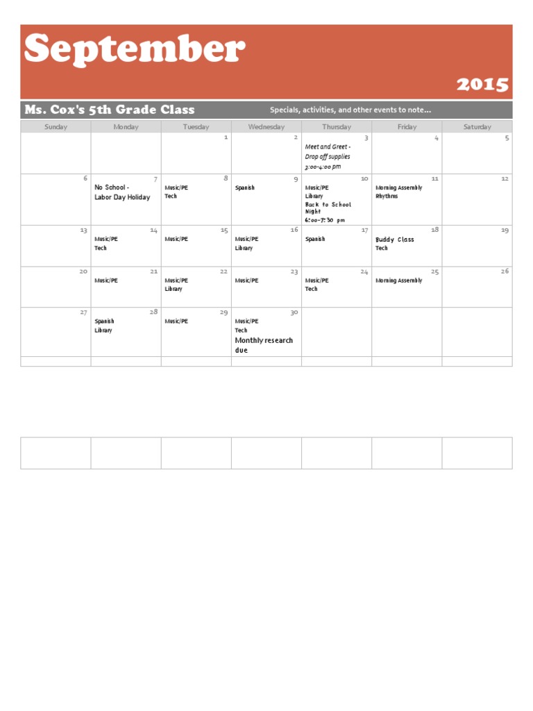 September 2015 5th Grade Schedule | PDF