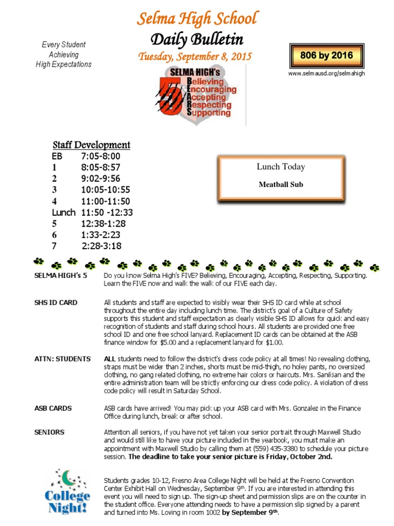 SHS Daily Bulletin 9-8-15 | PDF | Clothing