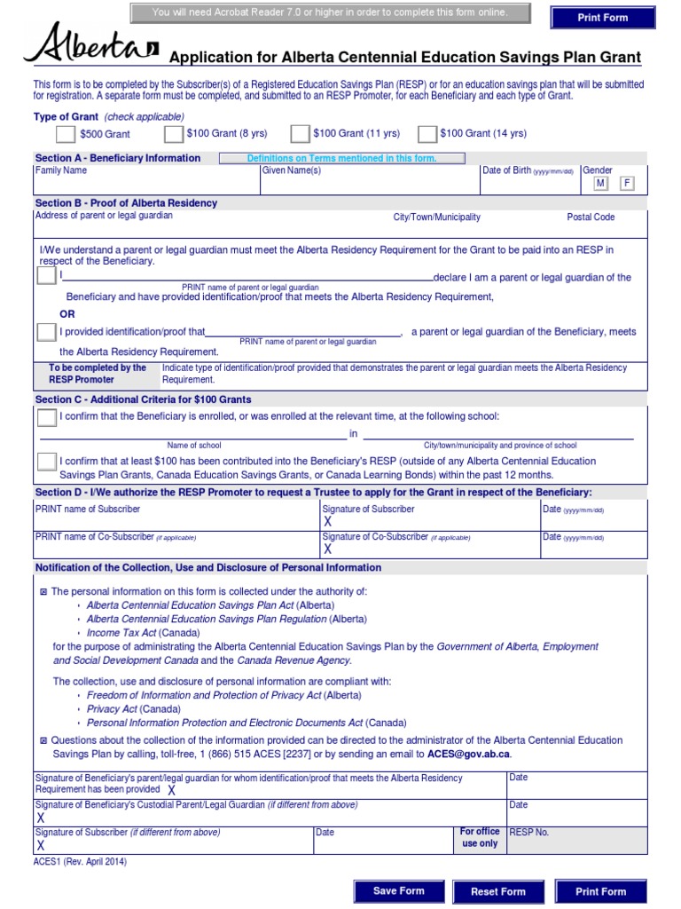 Application For Alberta Centennial Education Savings Plan Grant | PDF ...
