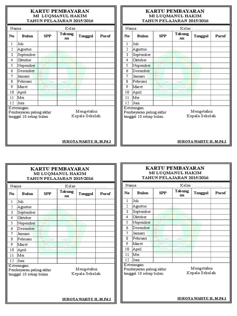 Contoh Kartu Pembayaran SPP TK | PDF