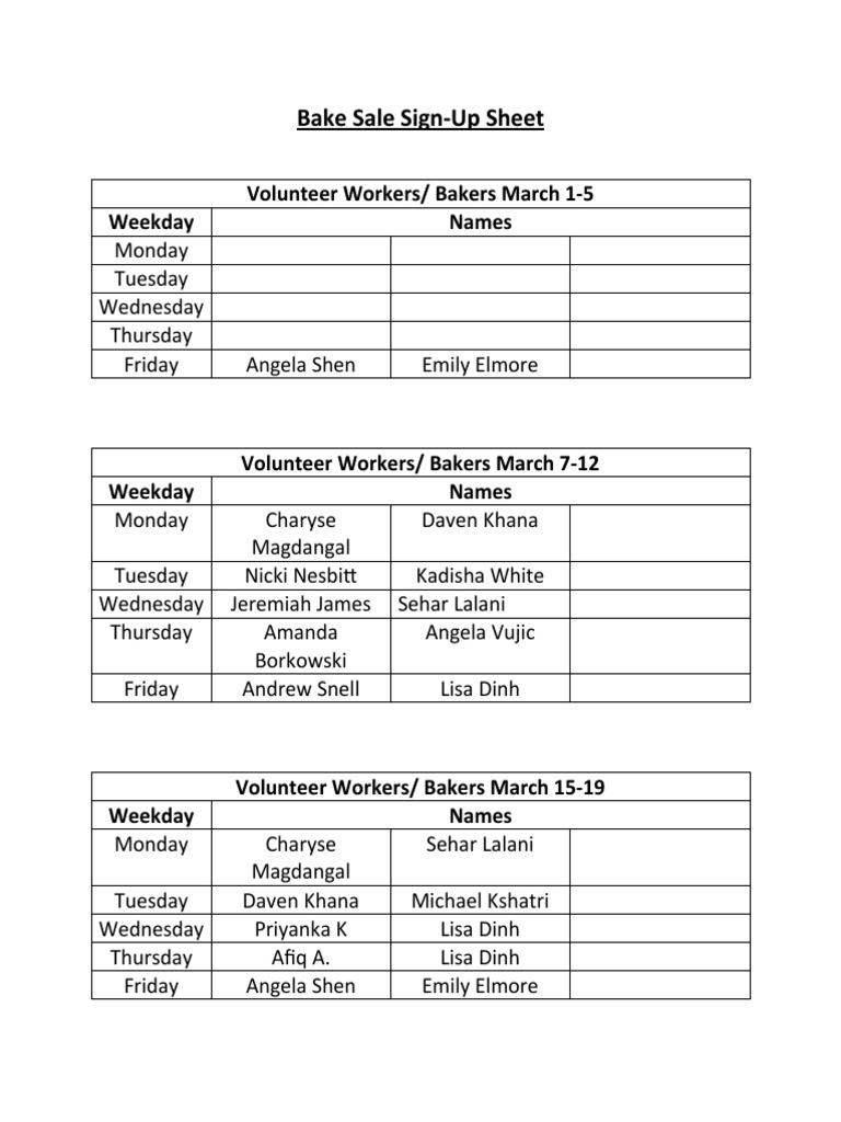 Bake Sale Volunteer Sign-Up Sheet | PDF