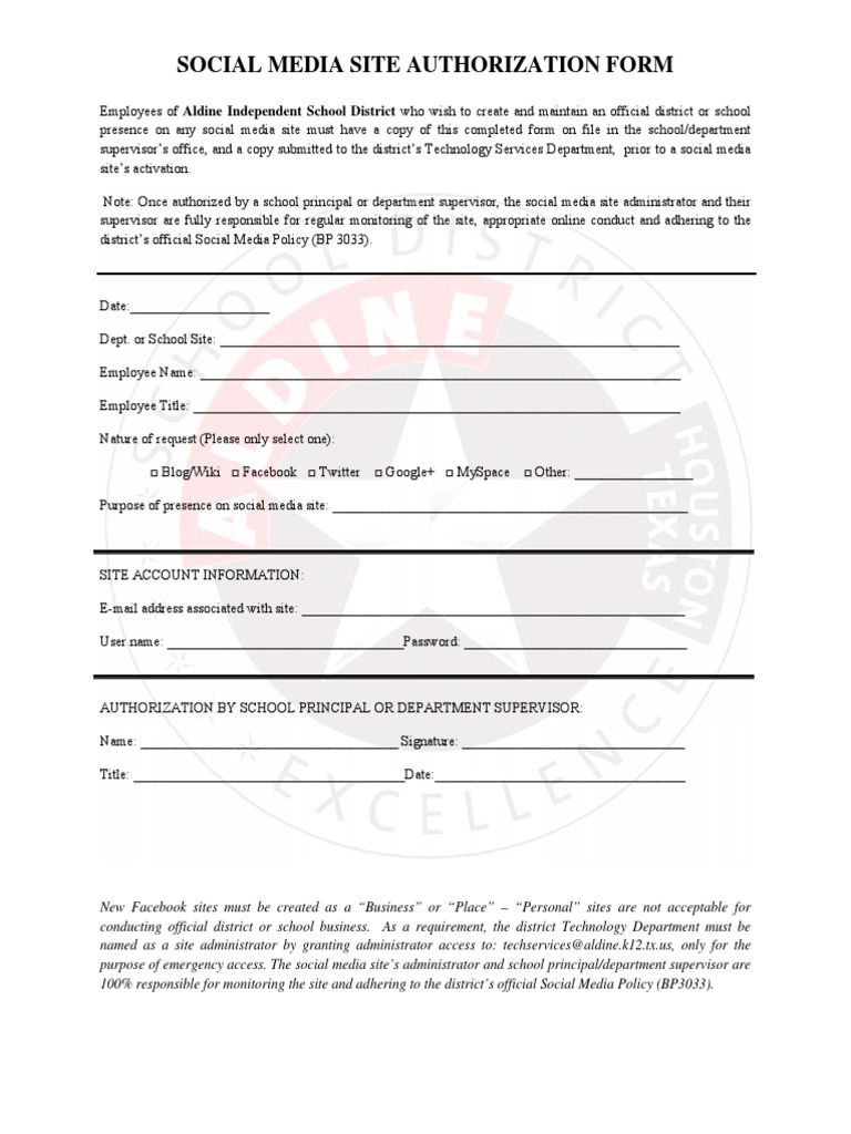 Social Media Site Authorization Form | PDF | Business | Finance & Money ...