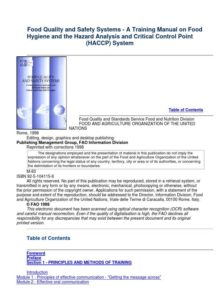 Fao - Food Quality and Safety Systems - Training Manual For Food ...