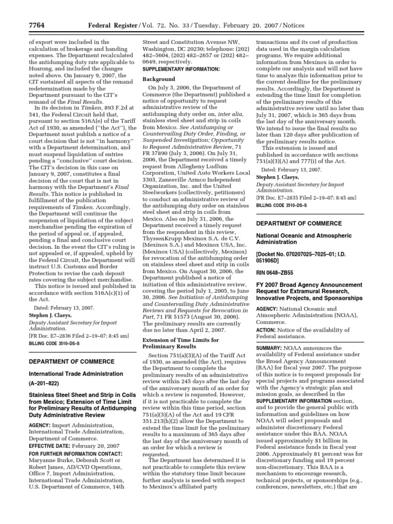 Federal Register / Vol. 72, No. 33 / Tuesday, February 20, 2007 ...