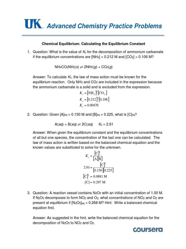 Practice Solutions - 05 - Chemical Equilibrium - Calculating The ...