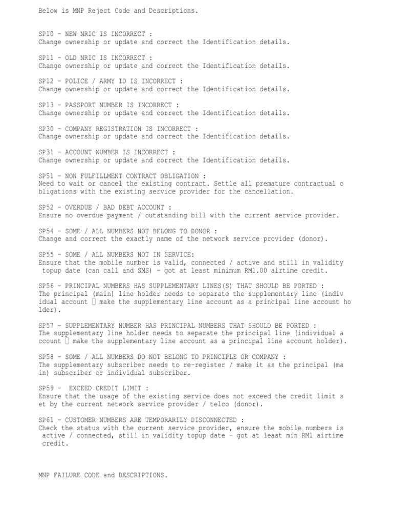MNP Reject Code Onexox | PDF | Identity Document | Information ...