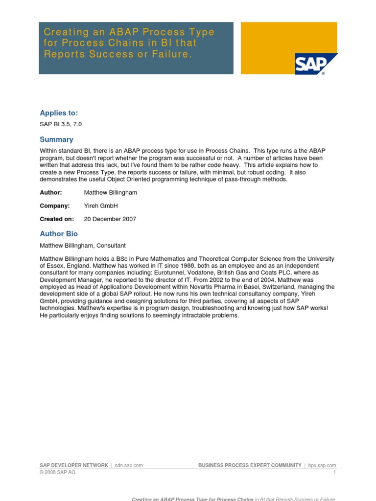 Creating An ABAP Process Type For Process Chains in BI That Reports Success or Failure. | PDF ...