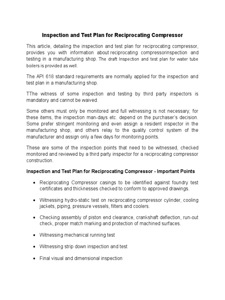 Reciprocating Compressor Inspection Plan | PDF | Gas Technologies ...
