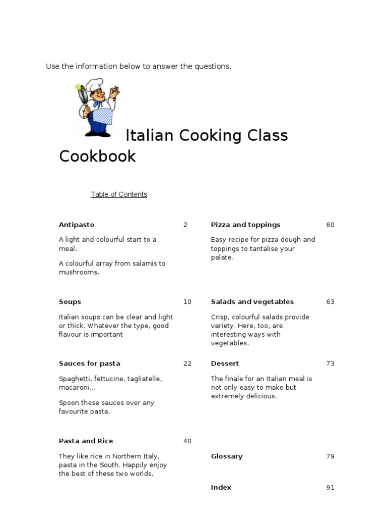 Italian Cooking Class Cookbook TOC | PDF