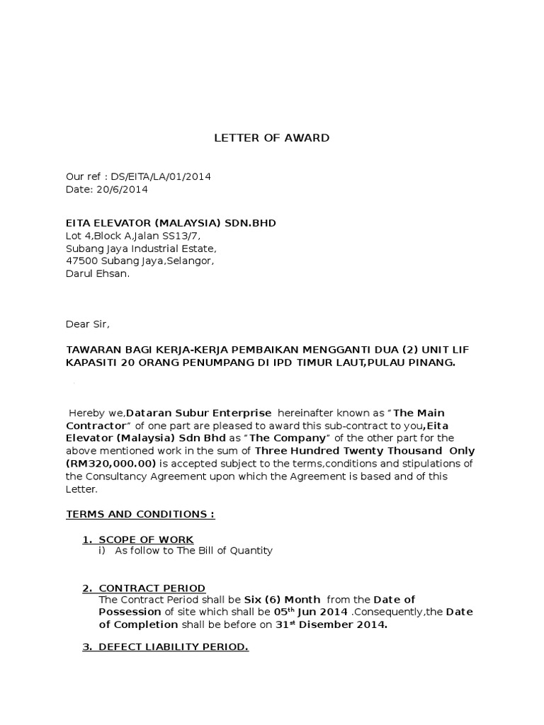 Letter of Award - Eita Lif | PDF | Finance & Money Management