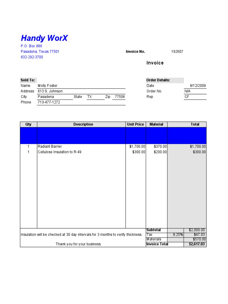Insulation Invoice for Molly Foster | PDF