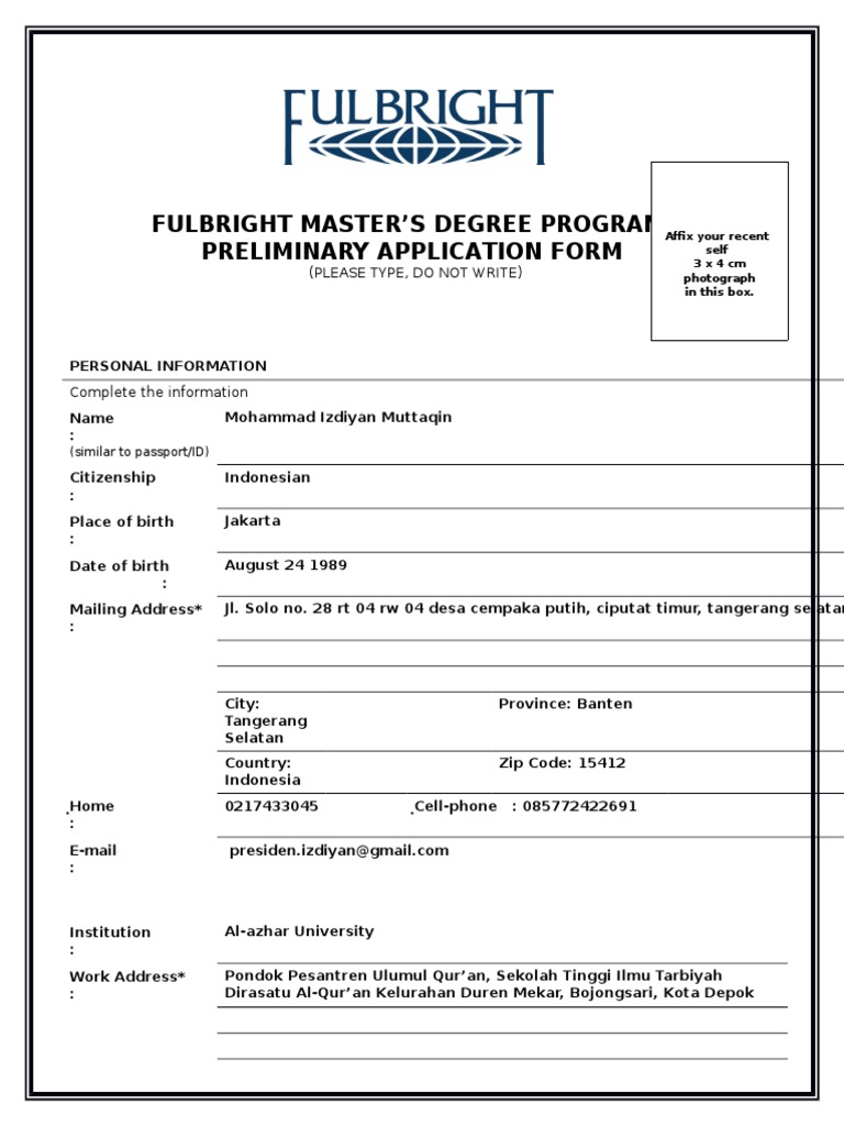 2016 Fulbright Master Application Form Izdiyan | PDF | Graduate School ...