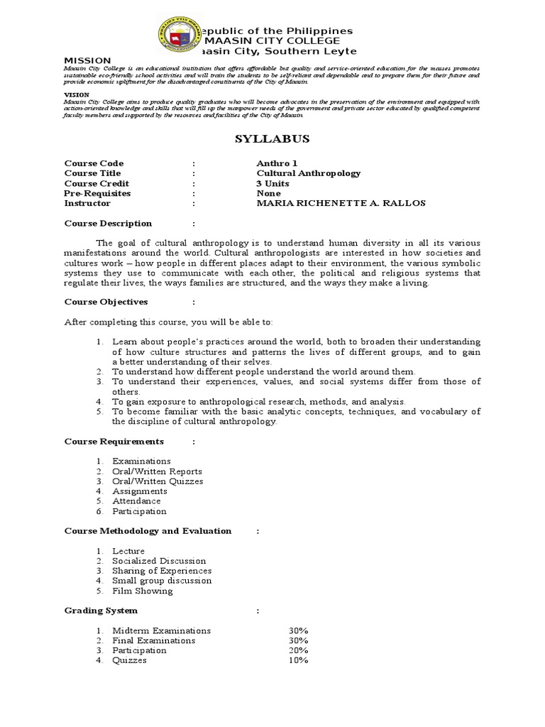 Anthropology Syllabus | PDF | Anthropology | Cultural Anthropology