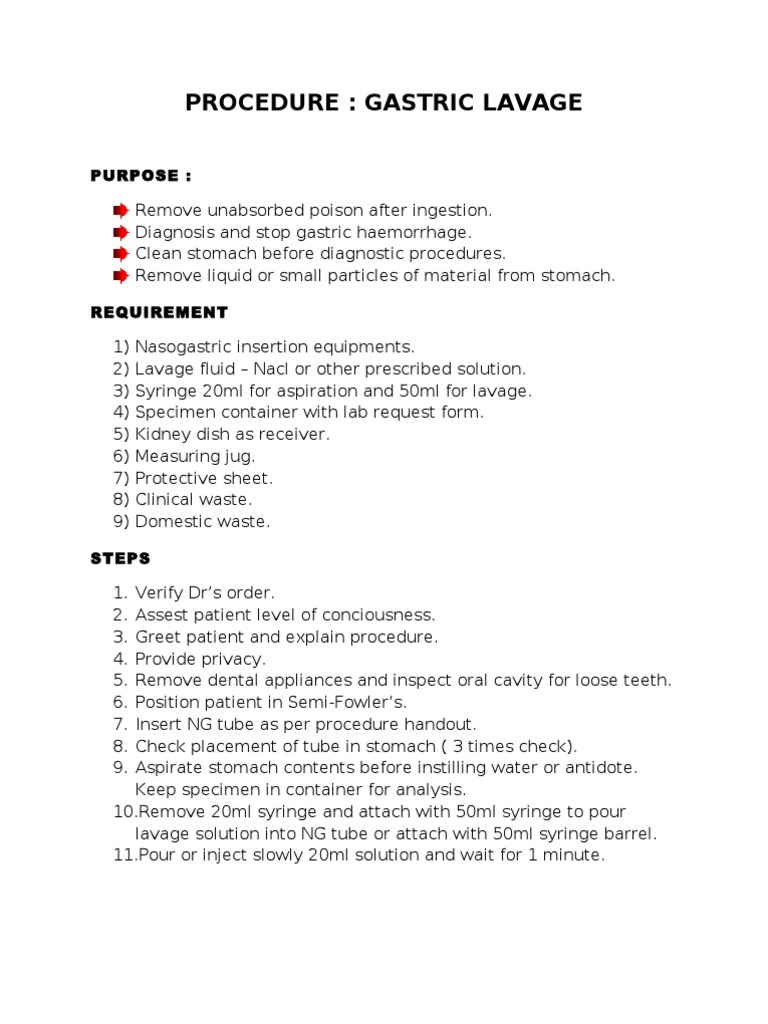Gastric Lavage Procedure | PDF | Syringe | Medicine