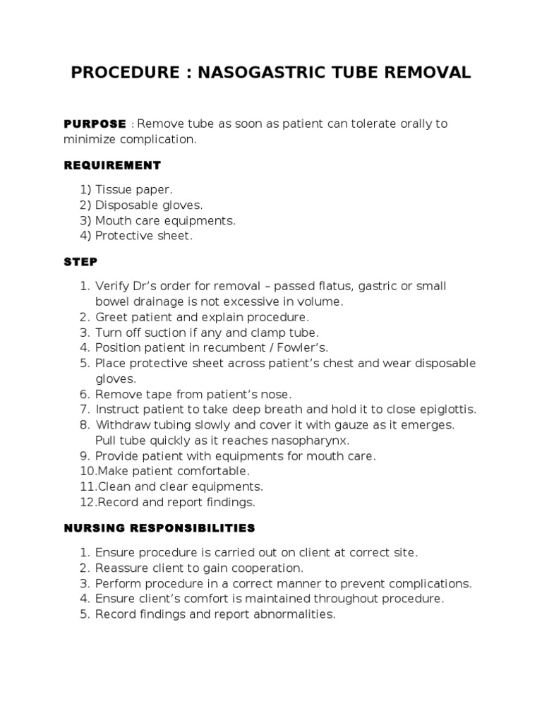 NG Tube Removal Procedure | PDF | Science & Mathematics