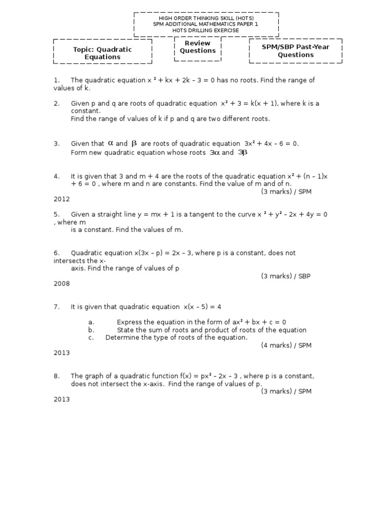 HOTS Drill 2 Exercise Paper 1 Quadratic Equation 2015 | PDF | Quadratic ...
