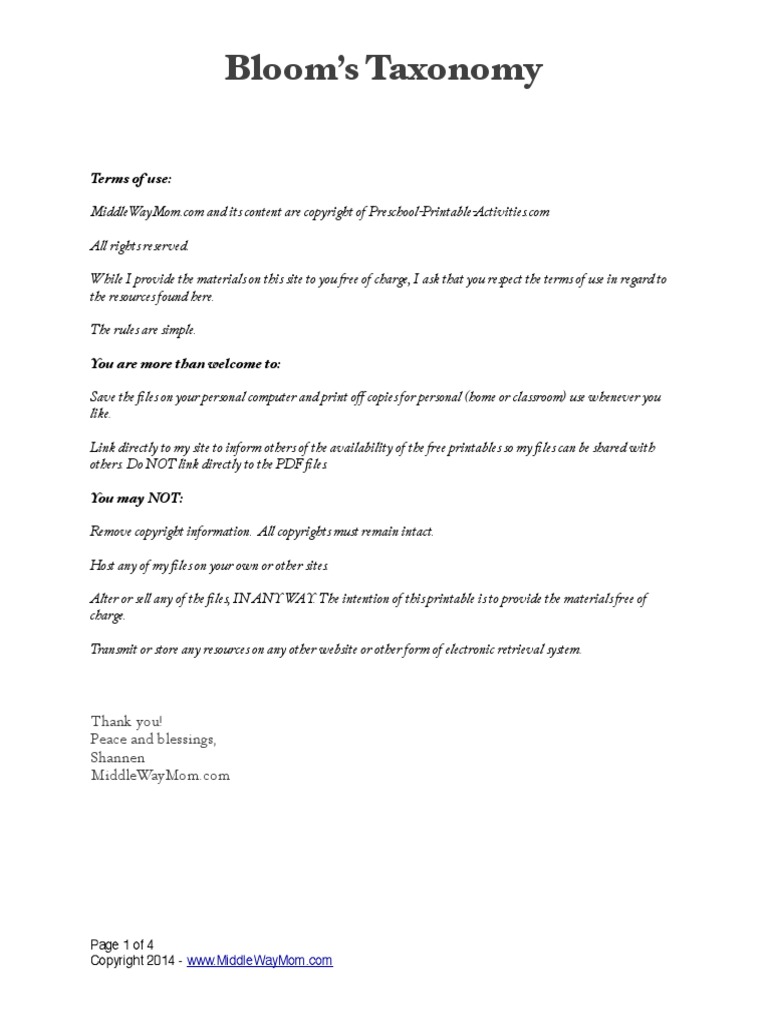 Blooms Taxonomy Printable Worksheet | PDF | Reading Comprehension ...