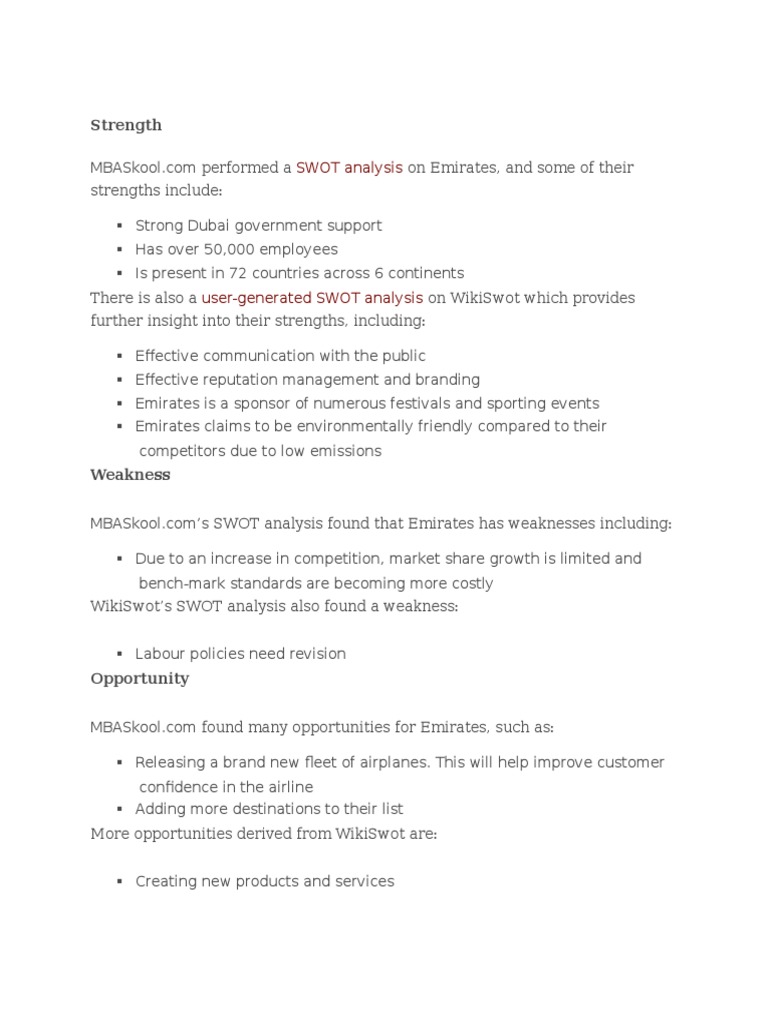 A Comprehensive SWOT Analysis of Emirates Airline Incorporating ...