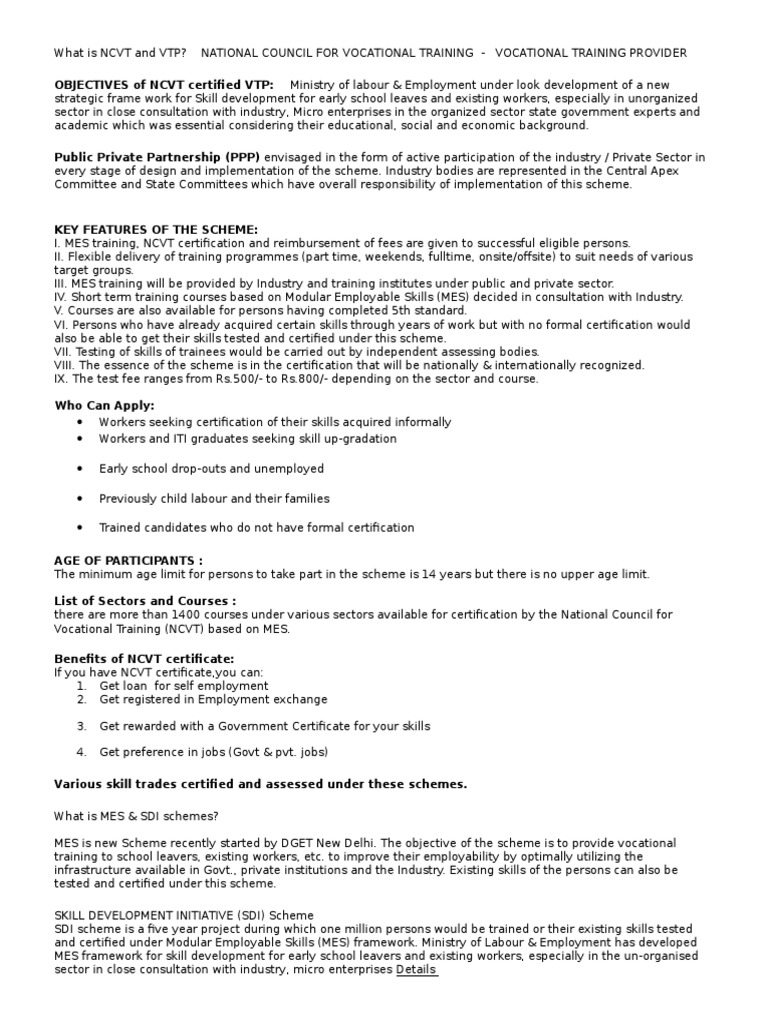 NCVT and VTP Overview for Skill Development | PDF | Vocational ...