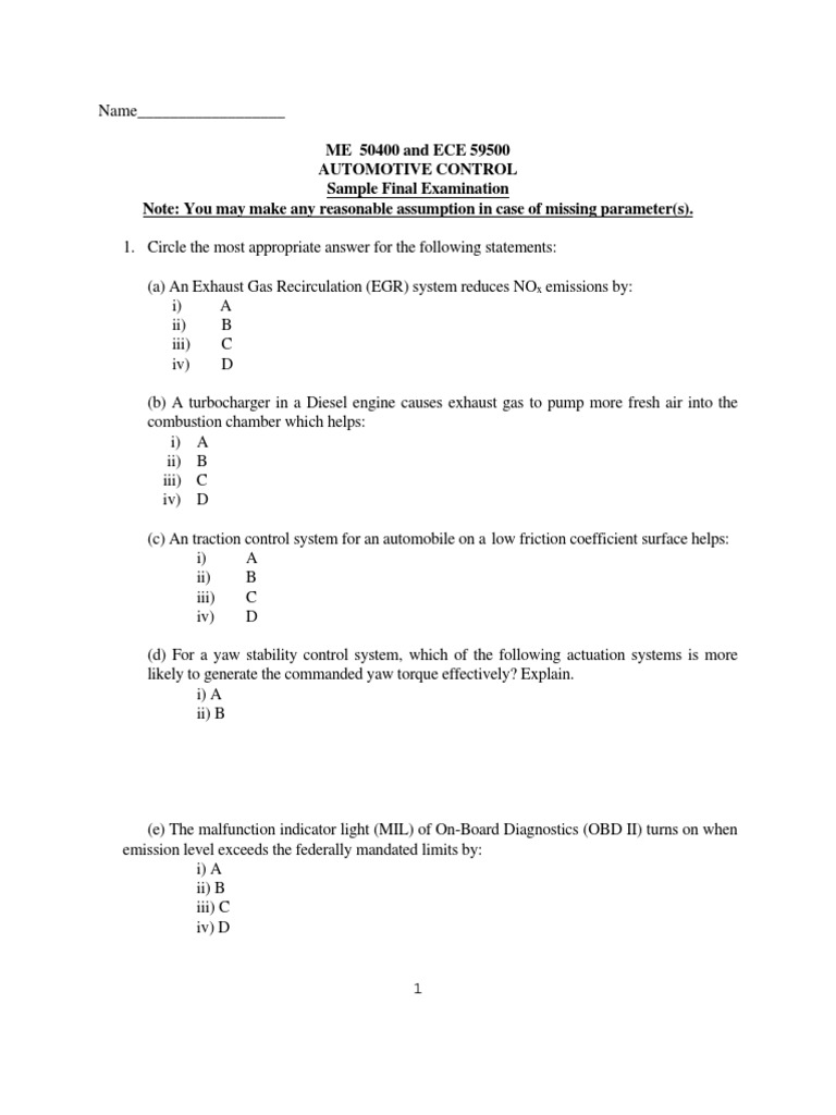 Automotive control sample exam questions | PDF | Transport | Machines