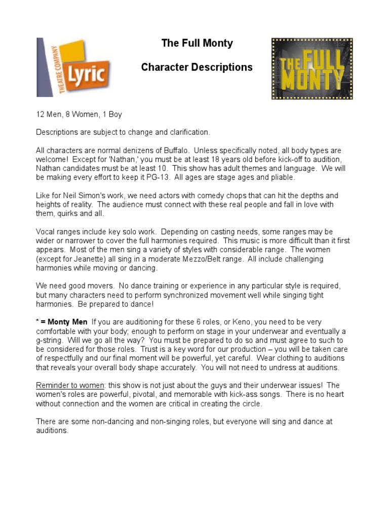 The Full Monty Character Descriptions | PDF | Audition | Singing