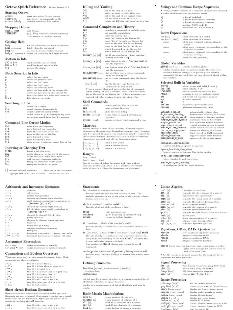 Octave Quick Reference | PDF | Matrix (Mathematics) | Mathematical Analysis