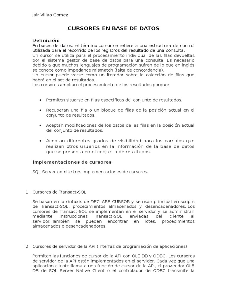 Cursores en Base de Datos | PDF | Servidor SQL de Microsoft | Gestión ...