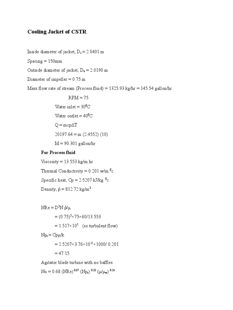 CSTR Cooling Jacket Design Analysis | PDF