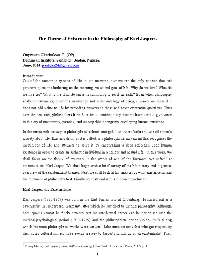 The Theme of Existence in the Philosophy of Karl Jaspers ...